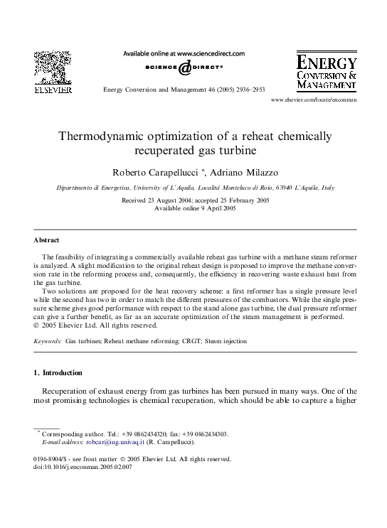 (PDF) Thermodynamic optimization of a reheat chemically recuperated gas ...
