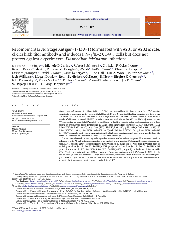 (PDF) Recombinant Liver Stage Antigen-1 (LSA-1) formulated with AS01 or ...