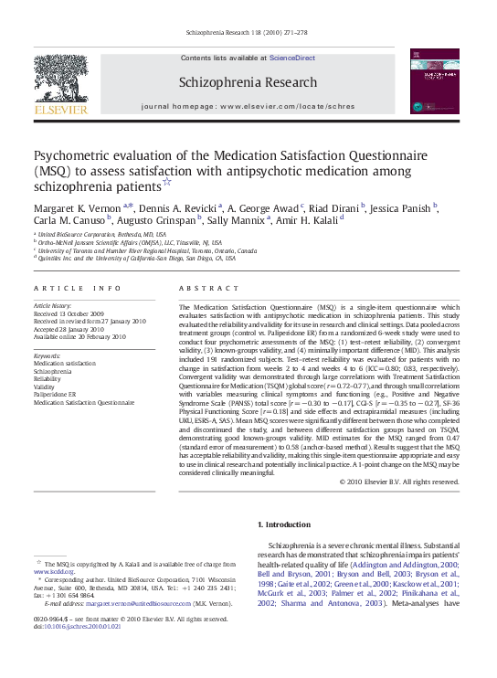 (PDF) Psychometric evaluation of the Medication Satisfaction ...