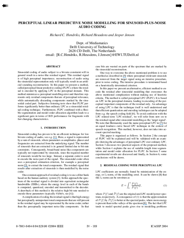 (PDF) Perceptual linear predictive noise modelling for sinusoid-plus-noise audio coding