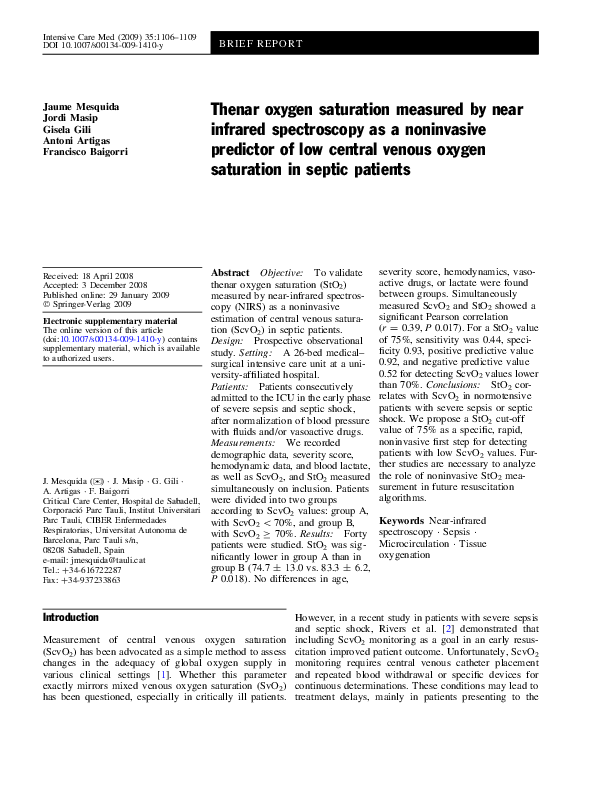 (PDF) Thenar oxygen saturation measured by near infrared spectroscopy ...