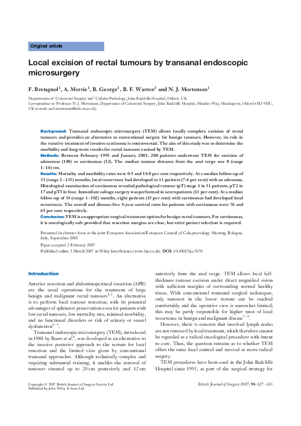 (PDF) Local excision of rectal tumours by transanal endoscopic microsurgery