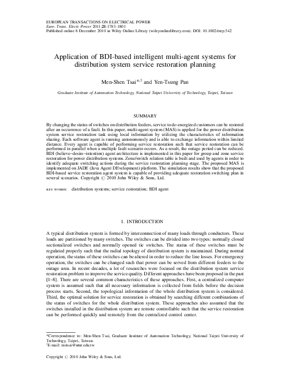 (PDF) Application of BDI-based intelligent multi-agent systems for distribution system service ...