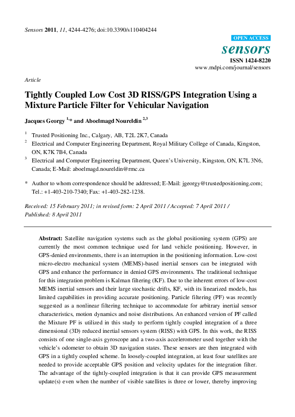 (PDF) Tightly Coupled Low Cost 3D RISS/GPS Integration Using a Mixture Particle Filter for ...