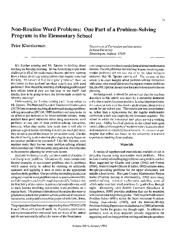 (PDF) Non-Routine Word Problems: One Part of a Problem-Solving Program ...