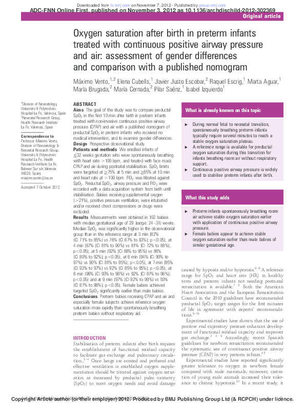 (PDF) Oxygen saturation after birth in preterm infants treated with ...