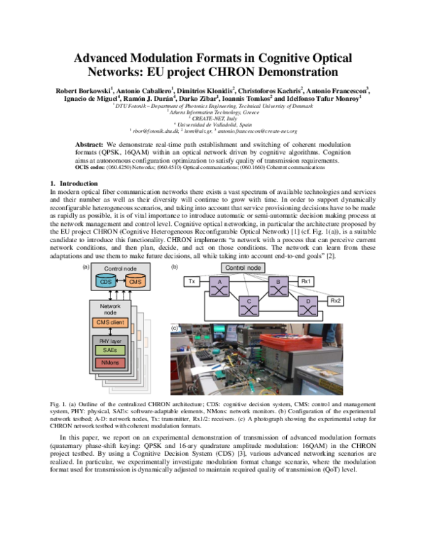 (PDF) Advanced Modulation Formats in Cognitive Optical Networks: EU project CHRON Demonstration