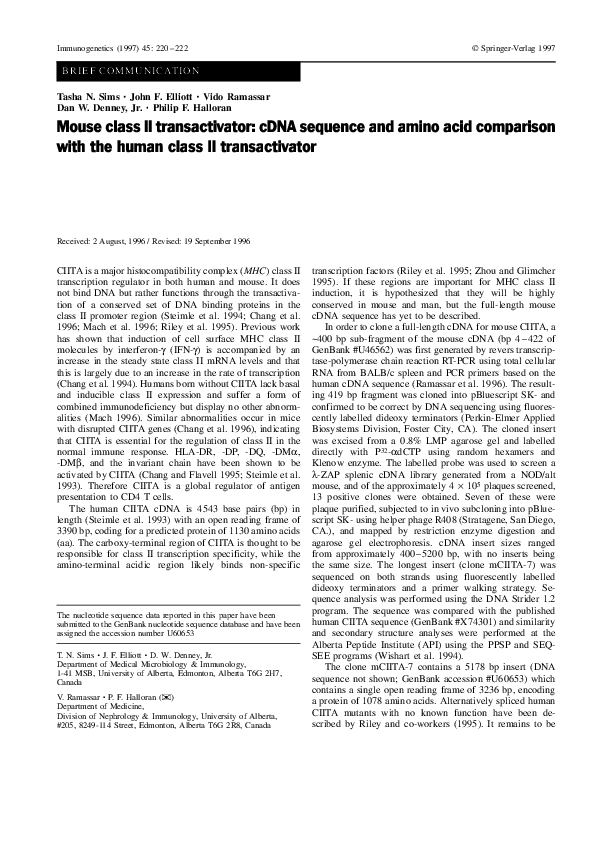 (PDF) Mouse class II transactivator: cDNA sequence and amino acid ...