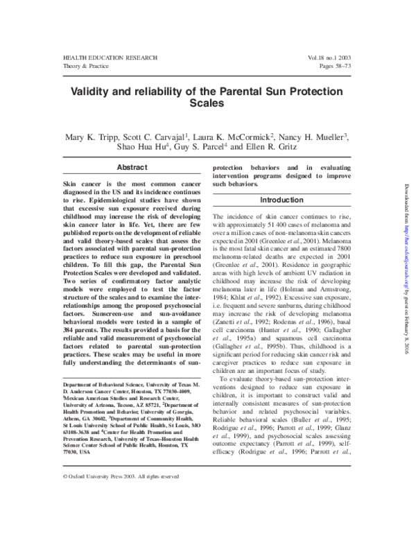 (PDF) Validity and reliability of the Parental Sun Protection Scales