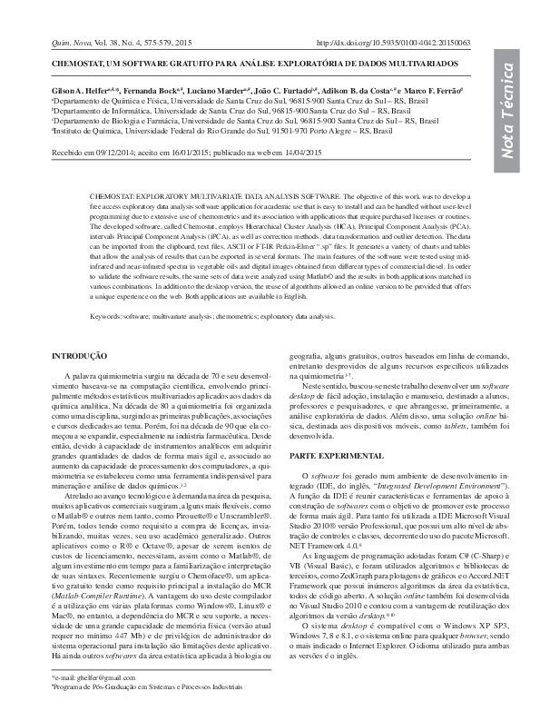 (PDF) CHEMOSTAT: EXPLORATORY MULTIVARIATE DATA ANALYSIS SOFTWARE