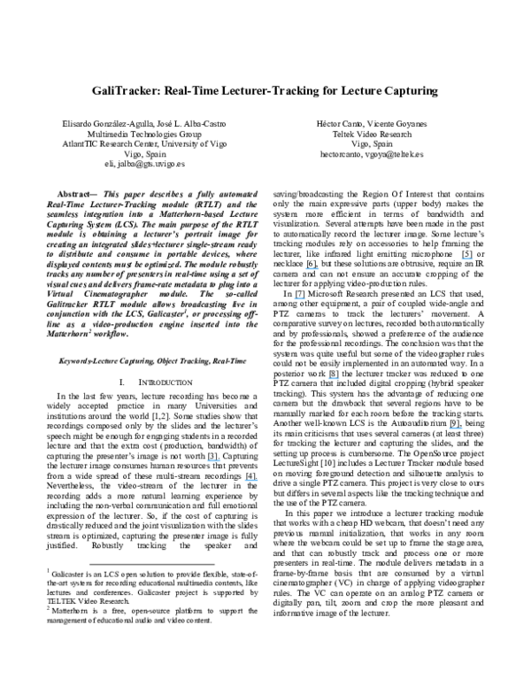 (PDF) GaliTracker: Real-Time Lecturer-Tracking for Lecture Capturing | José Luis Alba Castro and ...