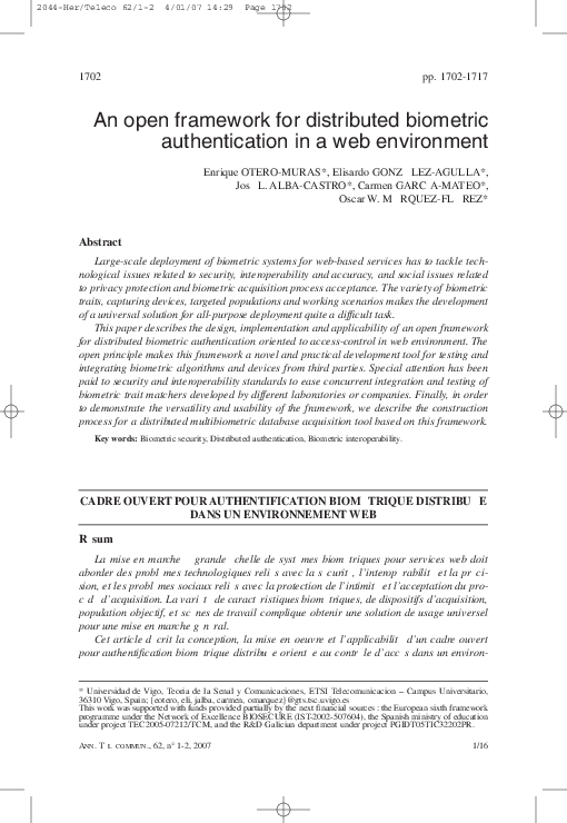 Pdf An Open Framework For Distributed Biometric Authentication In A Web Environment José