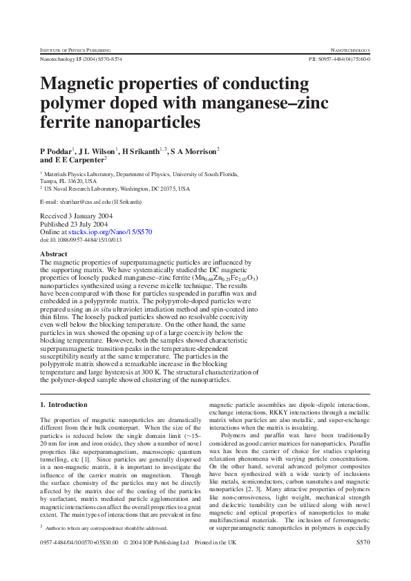 (PDF) Magnetic properties of conducting polymer doped with manganese–zinc ferrite nanoparticles
