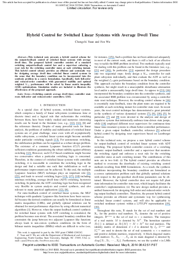 Pdf Hybrid Control For Switched Linear Systems With Average Dwell Time Chengzhi Yuan And Fen