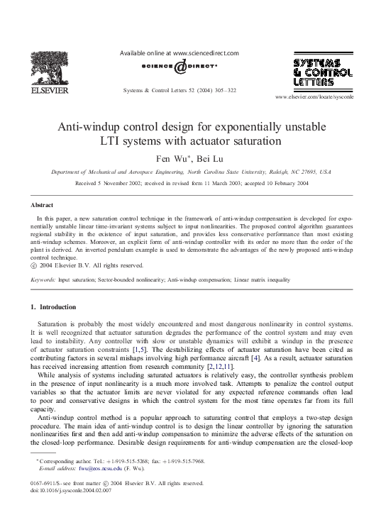 (PDF) Anti-windup control design for exponentially unstable LTI systems with actuator saturation