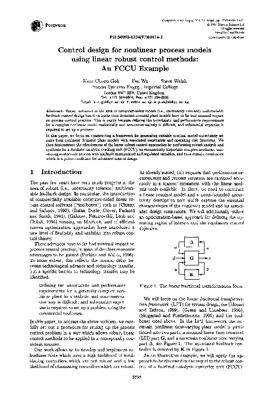 Pdf Control Design For Nonlinear Process Models Using Linear Robust Control Methods An Fccu