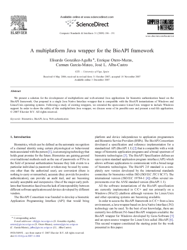 (PDF) A multiplatform Java wrapper for the BioAPI framework