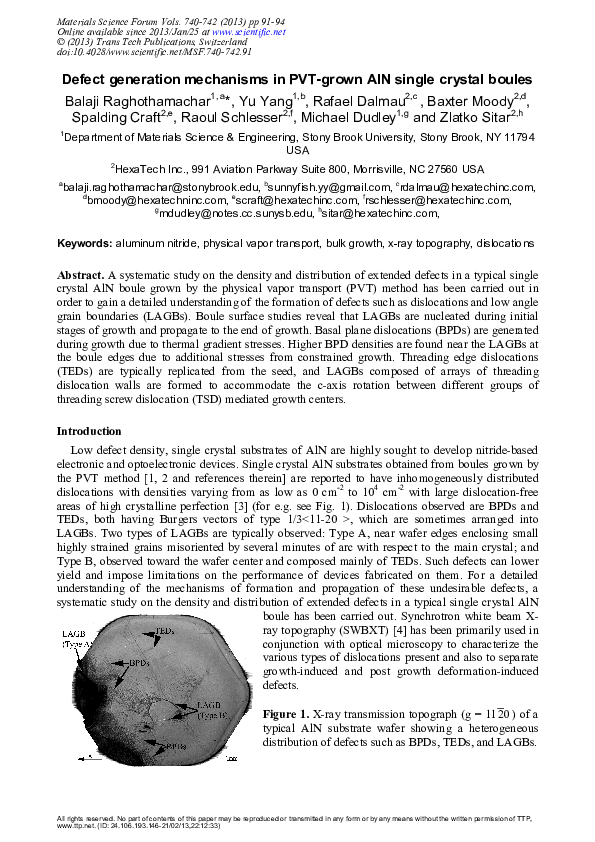(PDF) Defect Generation Mechanisms in PVT-Grown AlN Single Crystal Boules
