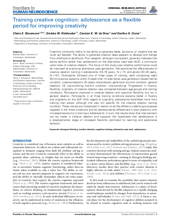 (PDF) Training creative cognition: adolescence as a flexible period for ...