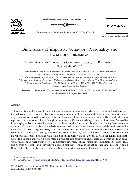 (PDF) Dimensions of impulsive behavior: Personality and behavioral measures
