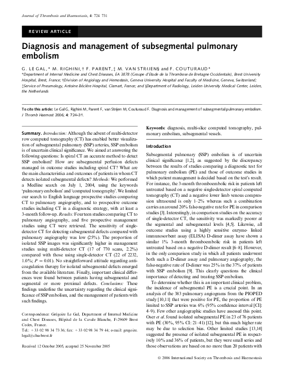 (PDF) Diagnosis and management of subsegmental pulmonary embolism
