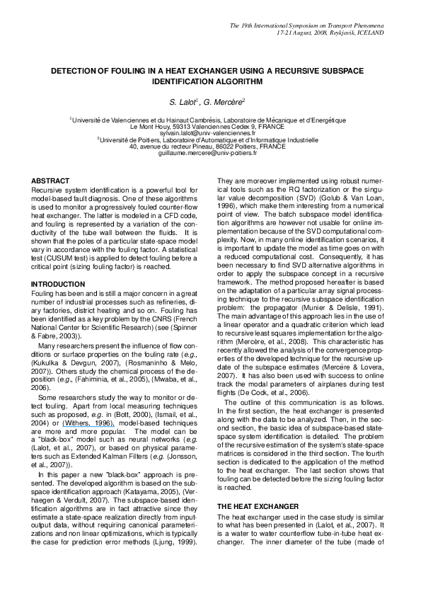 (PDF) Detection of fouling in a heat exchanger using a recursive subspace identification algorithm