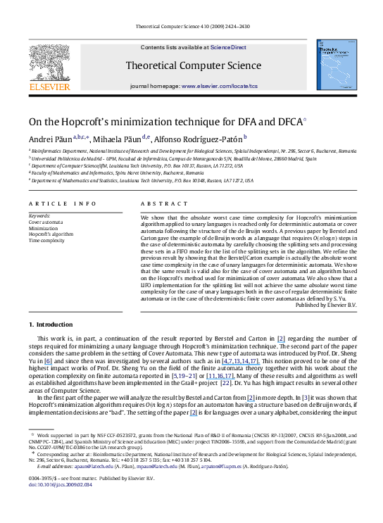 (PDF) On the Hopcroft’s minimization technique for DFA and DFCA