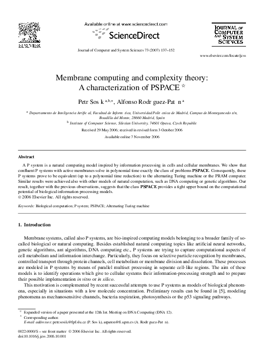 (PDF) Membrane computing and complexity theory: A characterization of ...