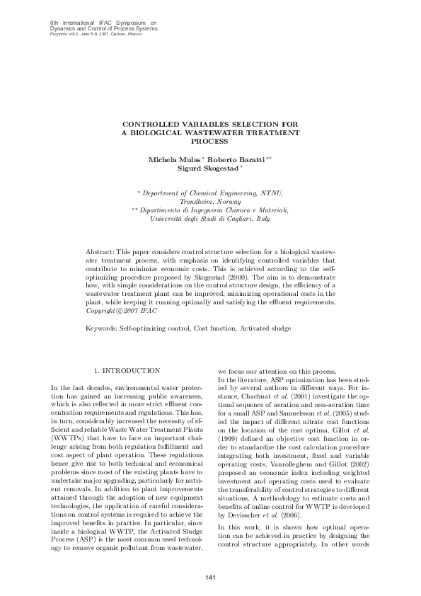 (PDF) Controlled variables selection for a biological wastewater treatment process