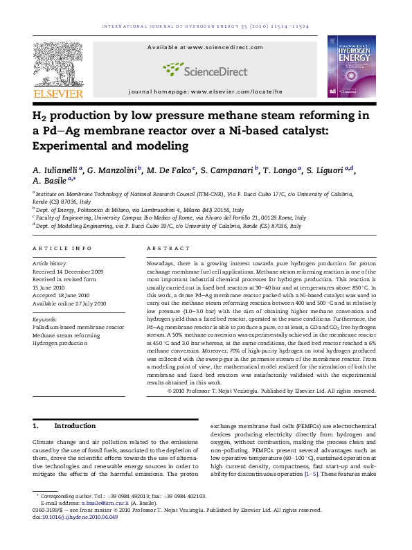 (PDF) H2 production by low pressure methane steam reforming in a Pd–Ag ...