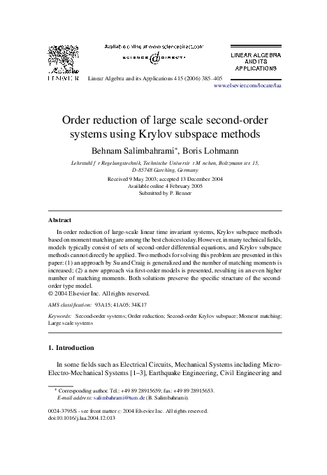 Pdf Order Reduction Of Large Scale Second Order Systems Using Krylov Subspace Methods