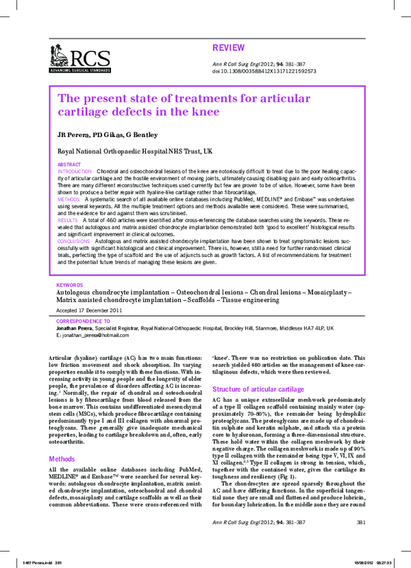 (PDF) The present state of treatments for articular cartilage defects ...