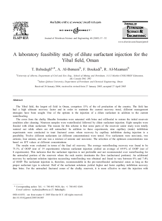 (PDF) A laboratory feasibility study of dilute surfactant injection for ...