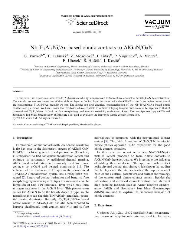 (PDF) Nb-Ti/Al/Ni/Au based ohmic contacts to AlGaN/GaN