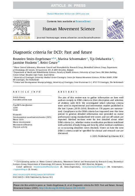 (PDF) Diagnostic criteria for DCD: Past and future