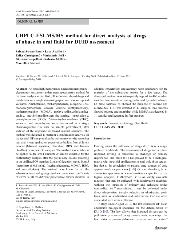 (PDF) UHPLC-ESI-MS/MS method for direct analysis of drugs of abuse in oral fluid for DUID assessment
