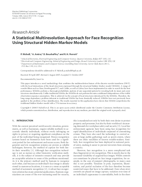 (PDF) A Statistical Multiresolution Approach for Face Recognition Using Structural Hidden Markov ...