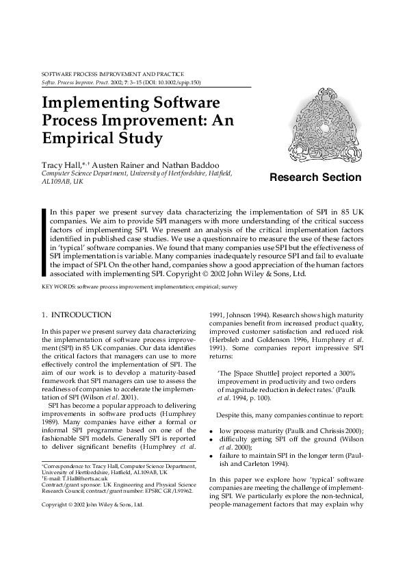(PDF) Implementing software process improvement: an empirical study