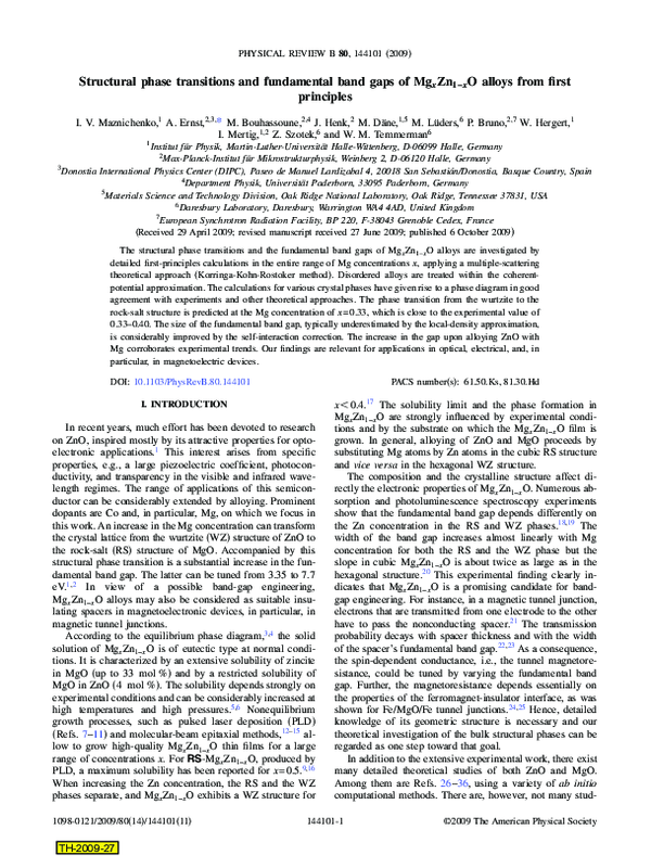 (PDF) Structural phase transitions and fundamental band gaps of MgxZn1−xO alloys from first ...