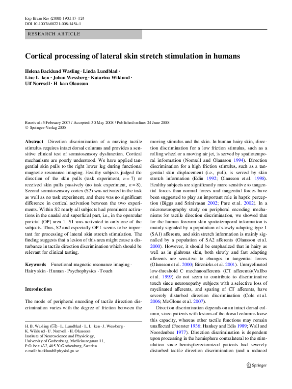 (PDF) Cortical processing of lateral skin stretch stimulation in humans