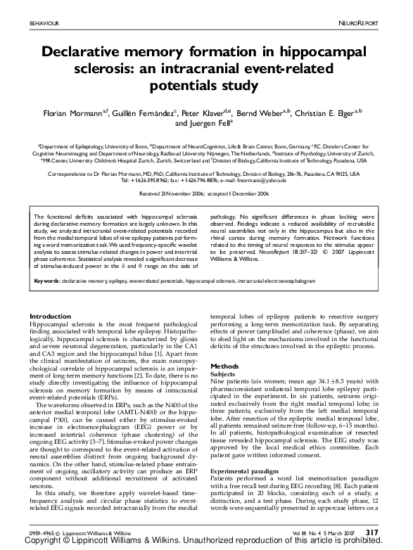 (PDF) Declarative memory formation in hippocampal sclerosis: an intracranial event-related ...