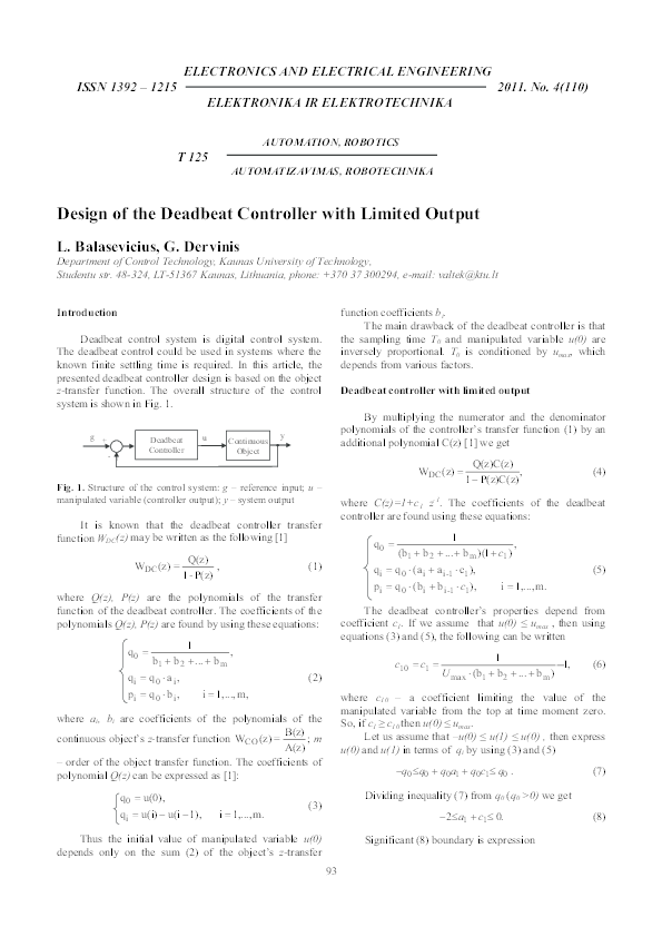(PDF) Design of the Deadbeat Controller with Limited Output
