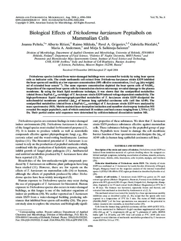 (PDF) Biological Effects of Trichoderma harzianum Peptaibols on Mammalian Cells