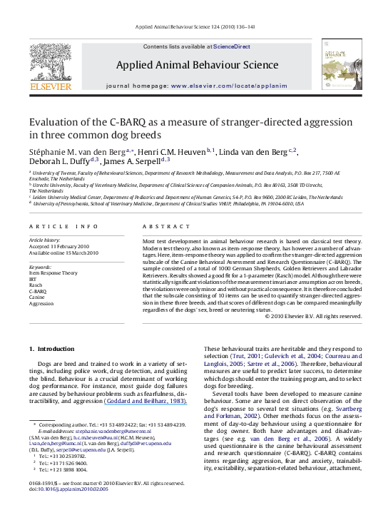 (PDF) Evaluation of the C-BARQ as a measure of stranger-directed ...
