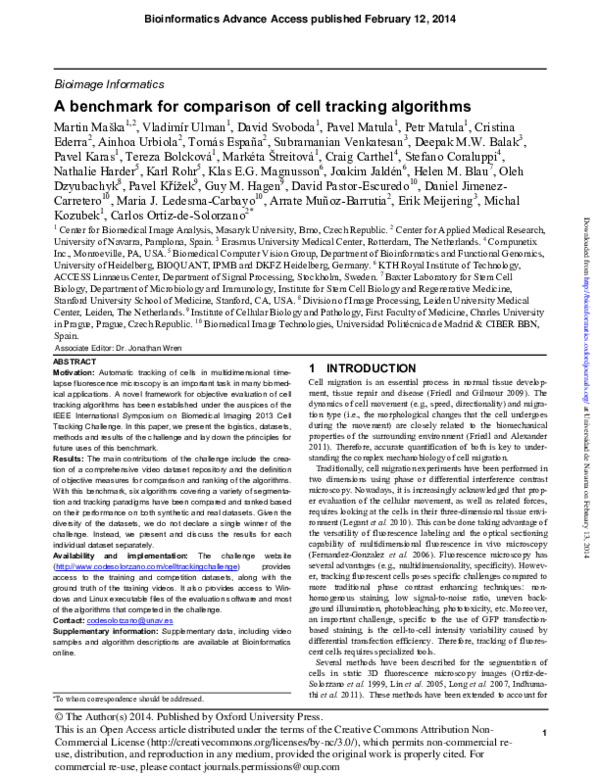 (PDF) A benchmark for comparison of cell tracking algorithms
