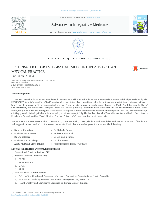(PDF) BEST PRACTICE FOR INTEGRATIVE MEDICINE IN AUSTRALIAN MEDICAL PRACTICE