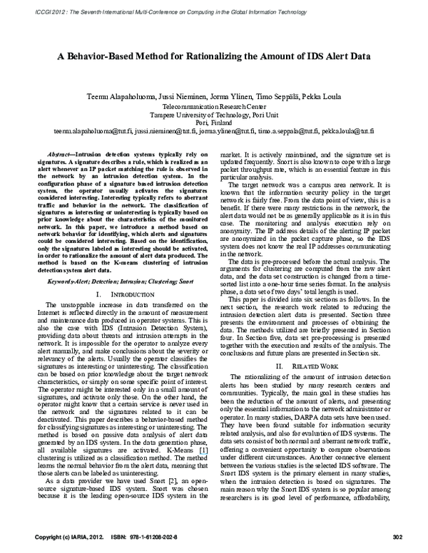 (PDF) A Behavior-Based Method for Rationalizing the Amount of IDS Alert Data