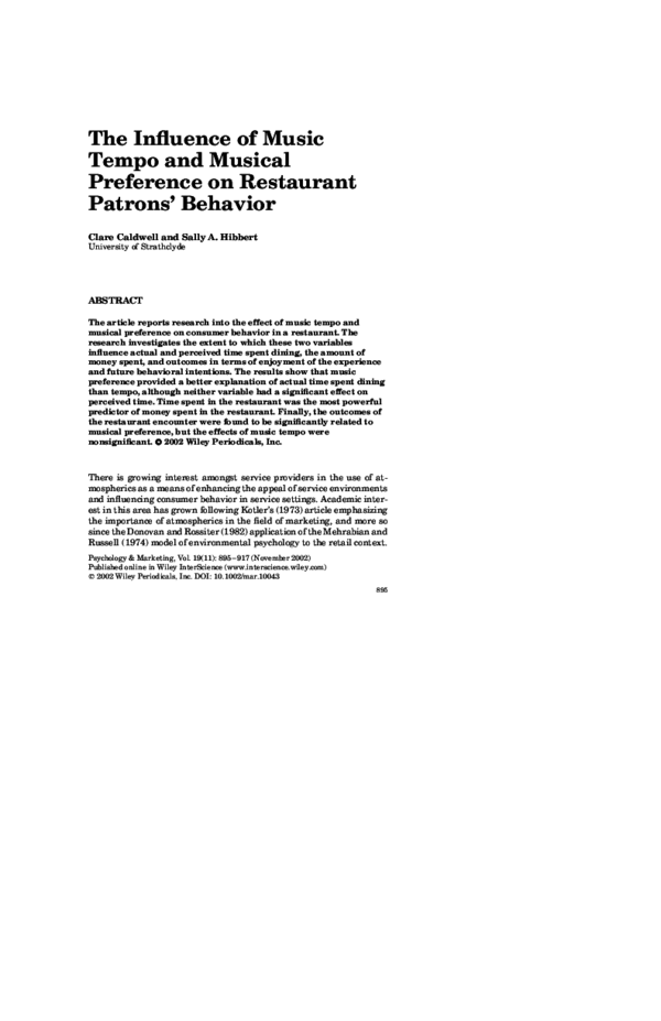 (PDF) The influence of music tempo and musical preference on restaurant ...