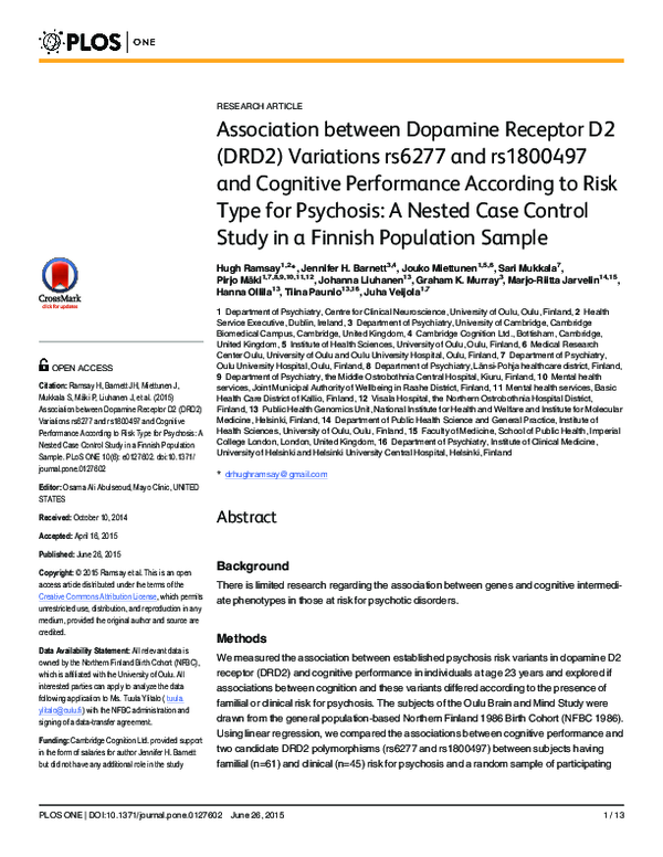 (PDF) Association between Dopamine Receptor D2 (DRD2) Variations rs6277 ...