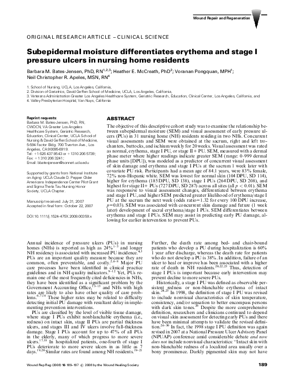 (PDF) Subepidermal moisture differentiates erythema and stage I ...